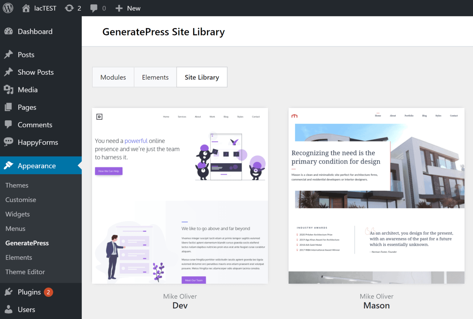 Design your WordPress site using the GeneratePress site library